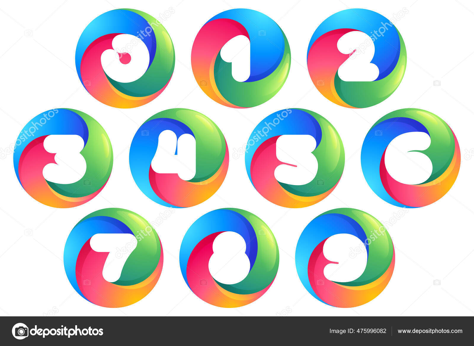 Numbers Set Swirling Loop Circle Negative Space Style Icon Colorful ...