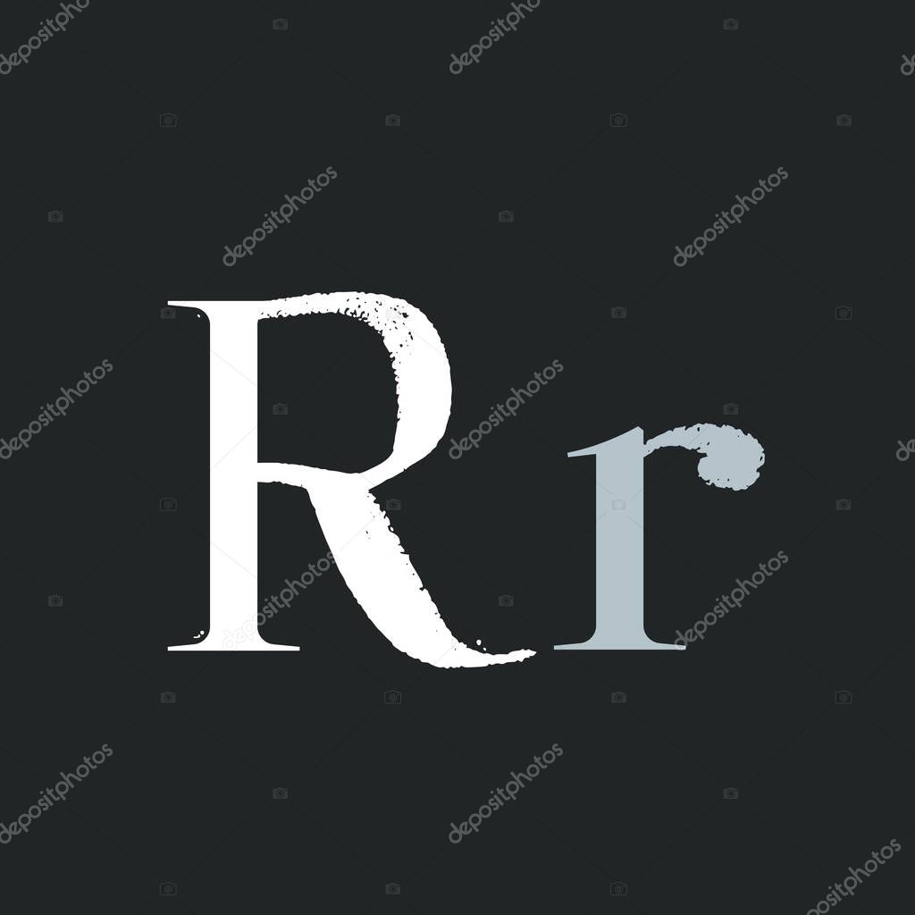 Letra R con trazo de cepillo seco y serif. Vintage fuente con elementos ...