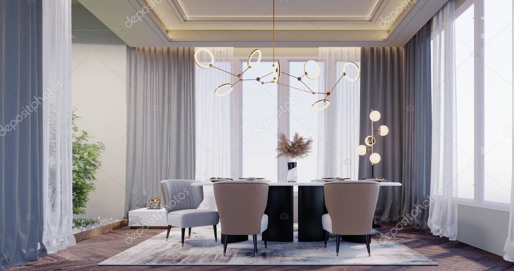3d rendering, 3d illustration, Escena interior y Mockup, El comedor tiene un jardín en la casa ...