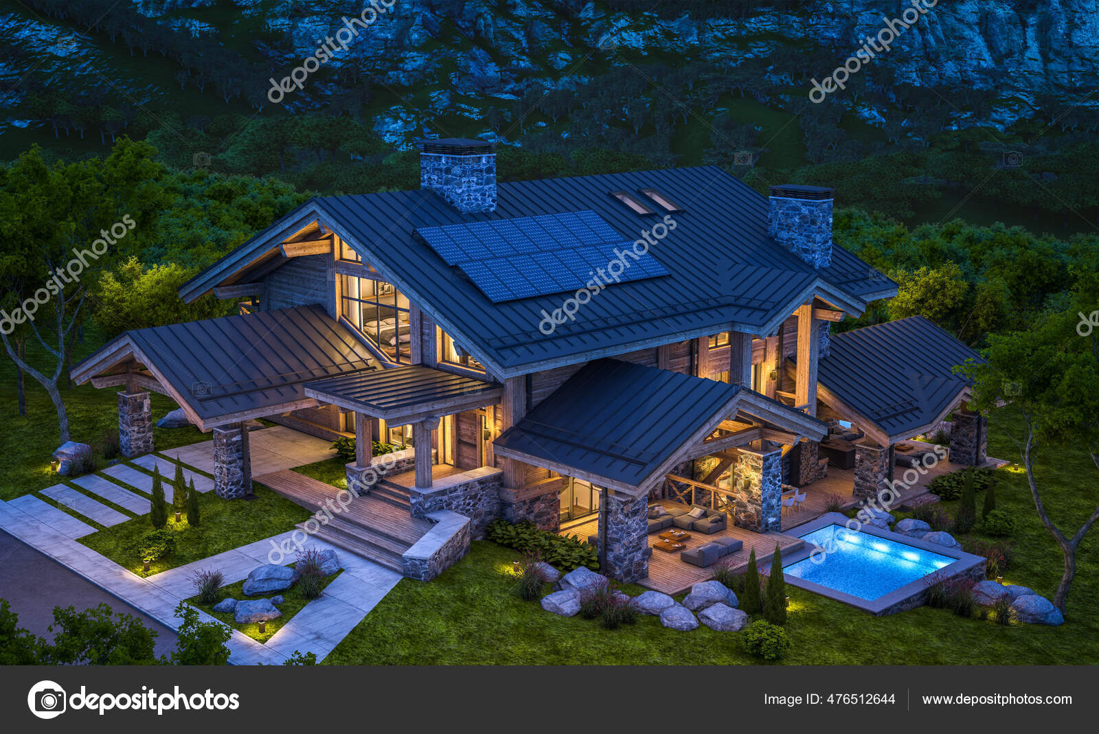 Rendering Modern Cozy Chalet Pool Parking Sale Rent Massive Timber ...