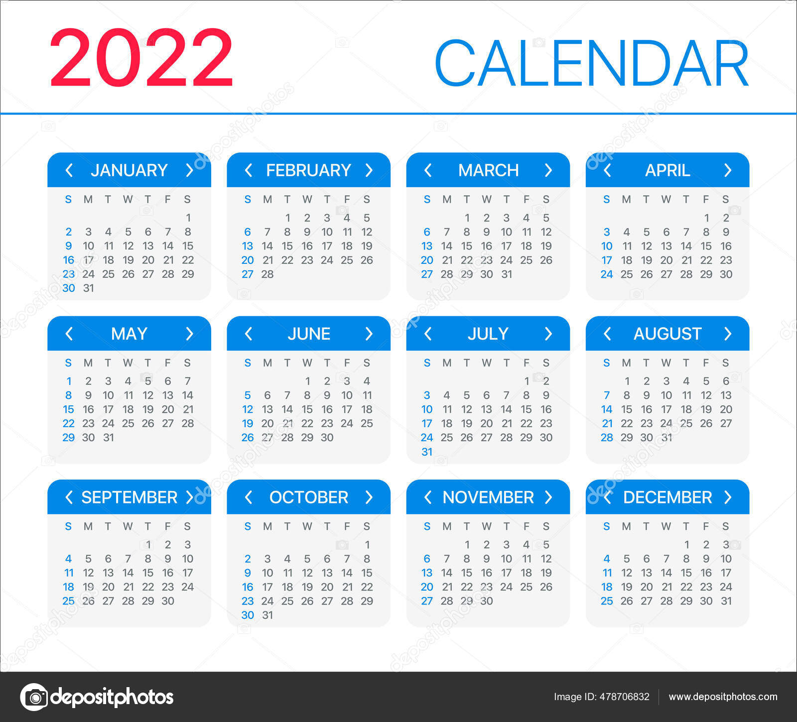 2022 Calendar Sunday Monday Vector Template Stock Vector by ©dikobrazik ...