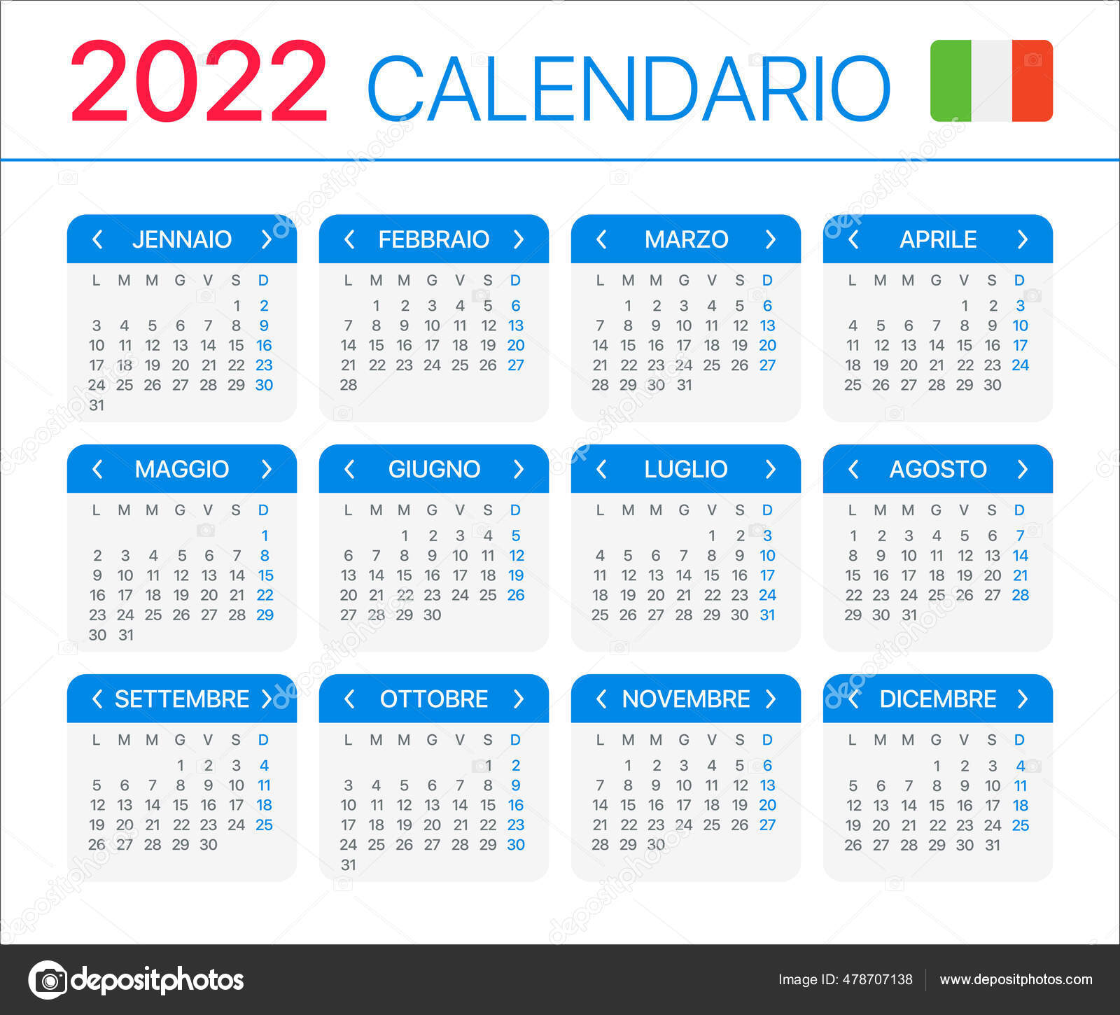 Calendario 2022 Versión Italiana Plantilla Vectorial Vector de stock ...