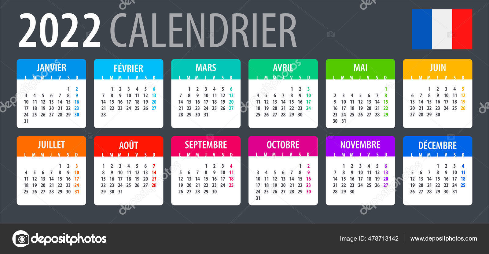 Vector Template Color 2022 Calendar French Version Stock Vector Image ...
