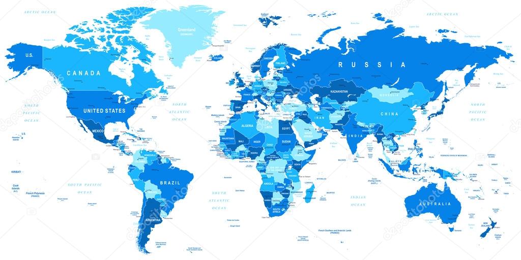 Mapa del Mundo Azul - fronteras, países y ciudades - ilustración 2023