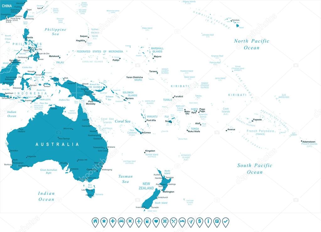 Australia y Oceanía - mapas y etiquetas de navegación - ilustración. 2022
