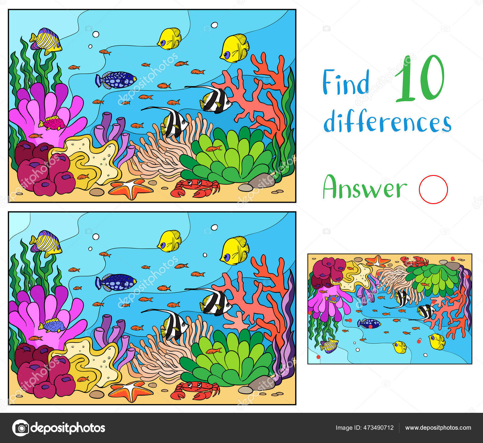 Find Differences Educational Game Children Underwater Life Multi ...