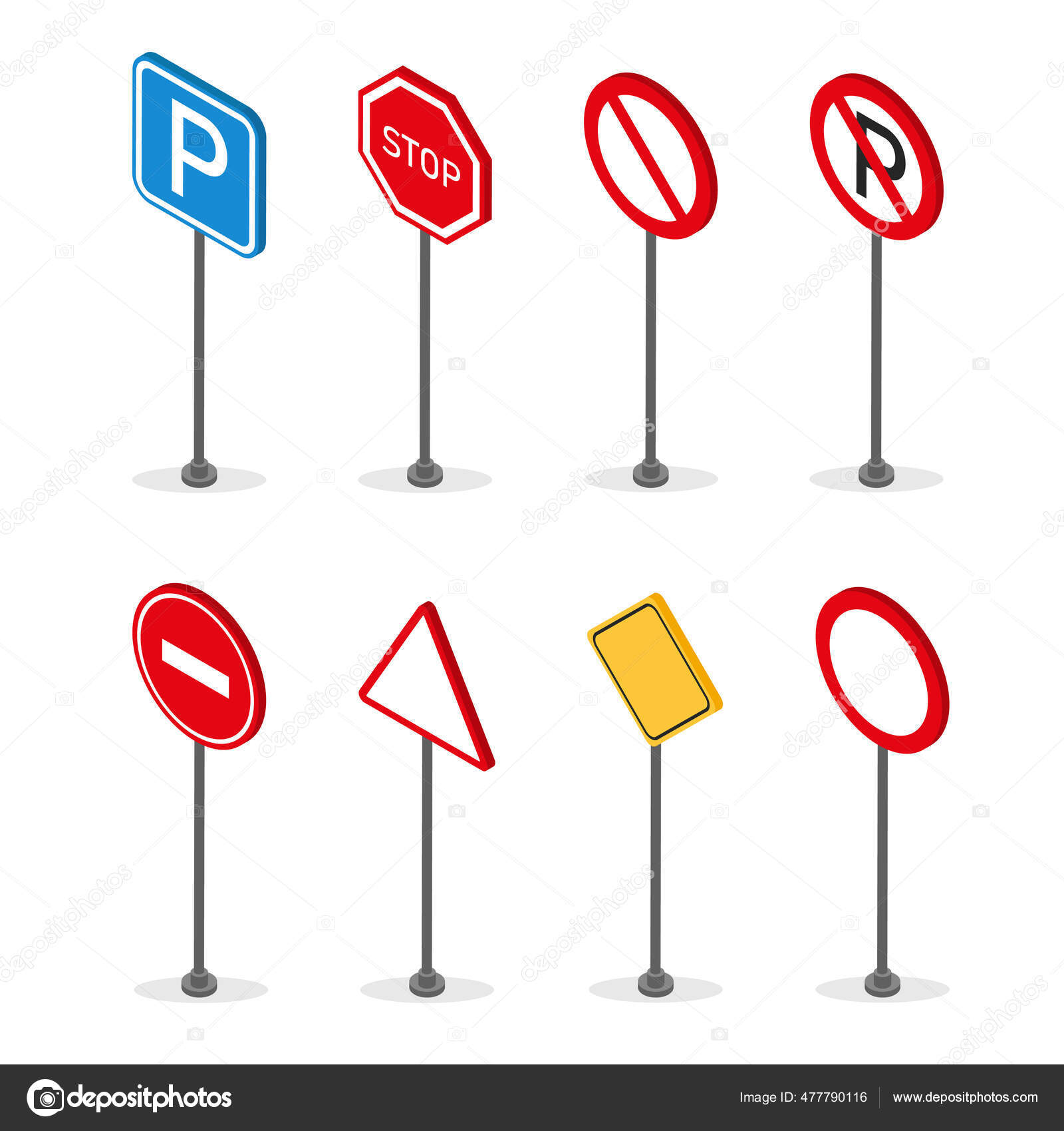 Set Isometric Standing Road Signs Isolated White Background Traffic ...