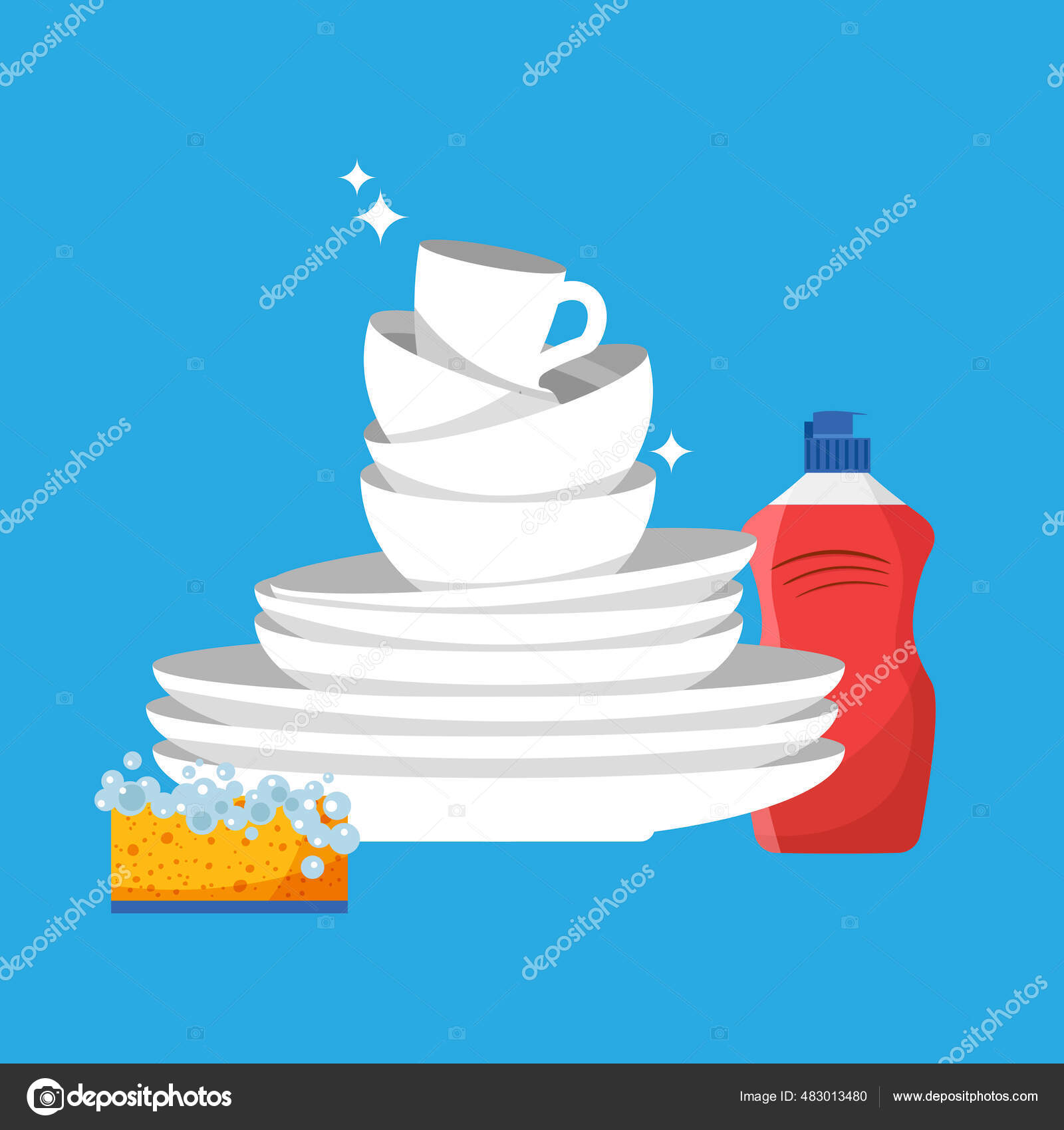 Stack Clean Shiny Dishes Dishwashing Liquid Blue Background White ...