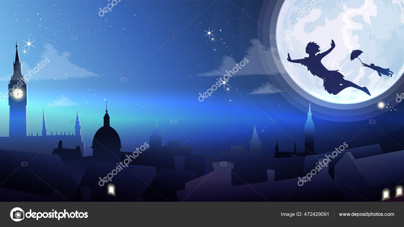 Silueta De Peter Pan Volando En Blanco Y Negro