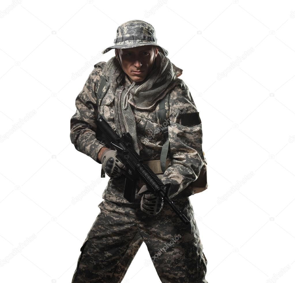 Soldier man hold Machine gun on a white background Stock Photo by ...
