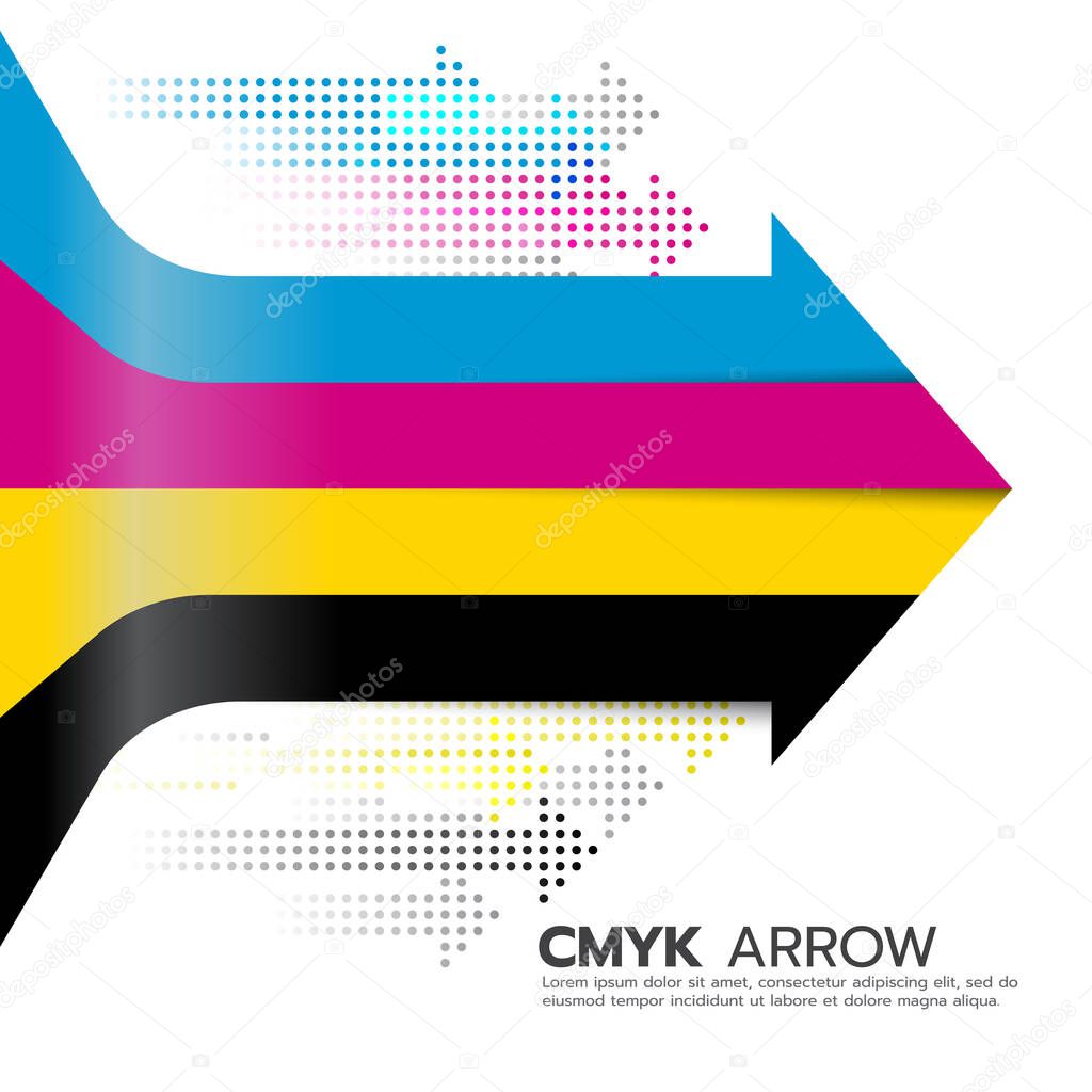 CMYK (cian y magenta y amarillo y la tecla o negro) línea de flecha y ...