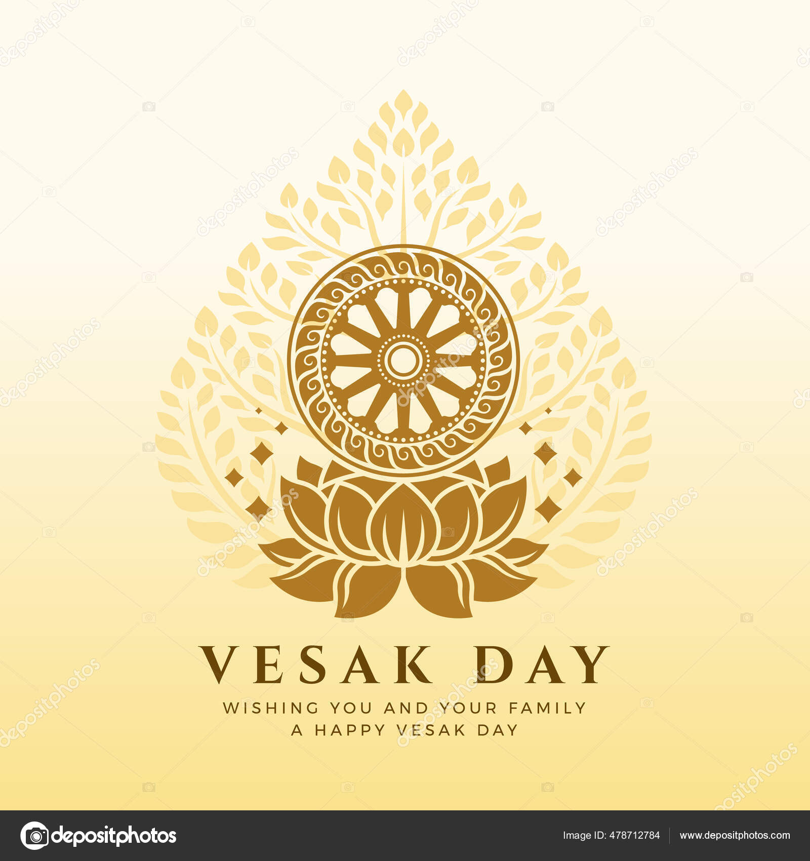 Vesak Day Banner Dharmachakra Wheel Dhamma Lotus Sign Bodhi Tree Stock ...