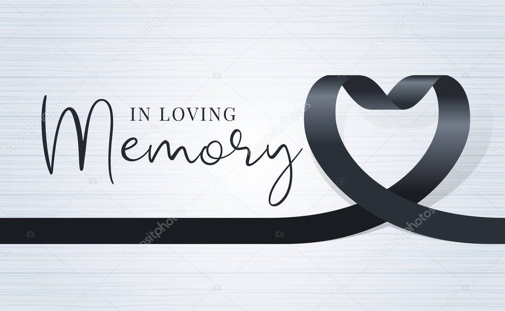in loving memory text and black heart ribbon sign on soft light wood ...