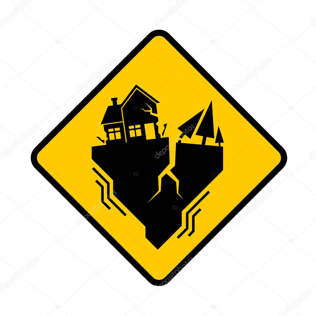 Traffic earthquake sign with Houses and tree Crack in yellow banner ...