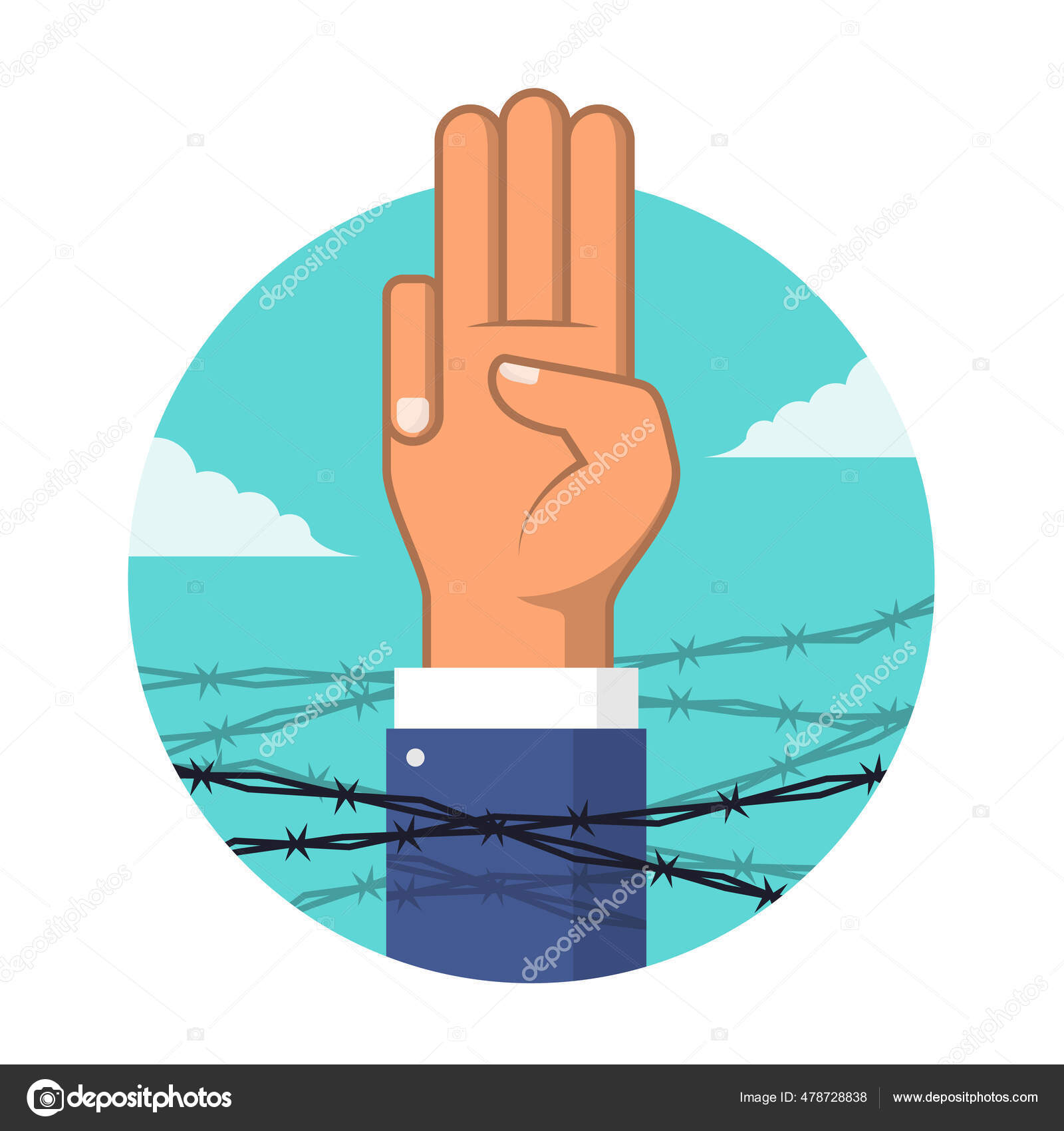 Dictatorship Concept Three Finger Salute Surrounded Barbed Wire Vector ...