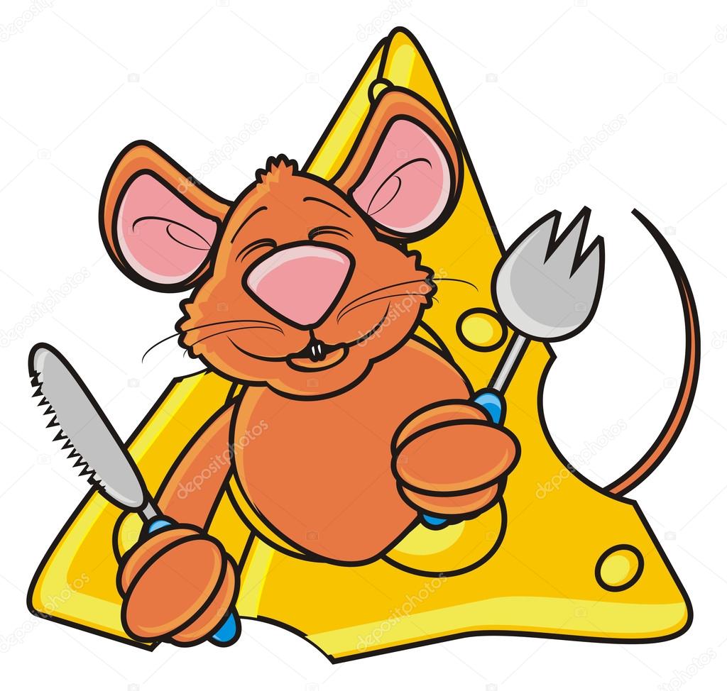 Mouse peeping from behind the cheese with a knife and fork Stock ...