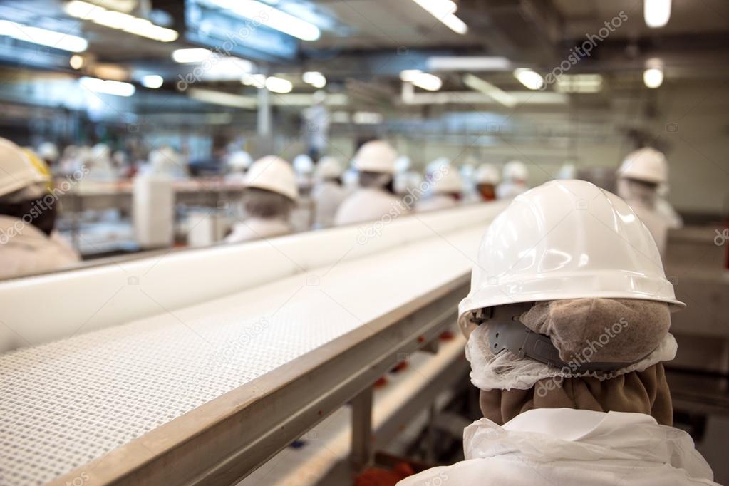 Factory workers grouped at working facility with safety gear and ...