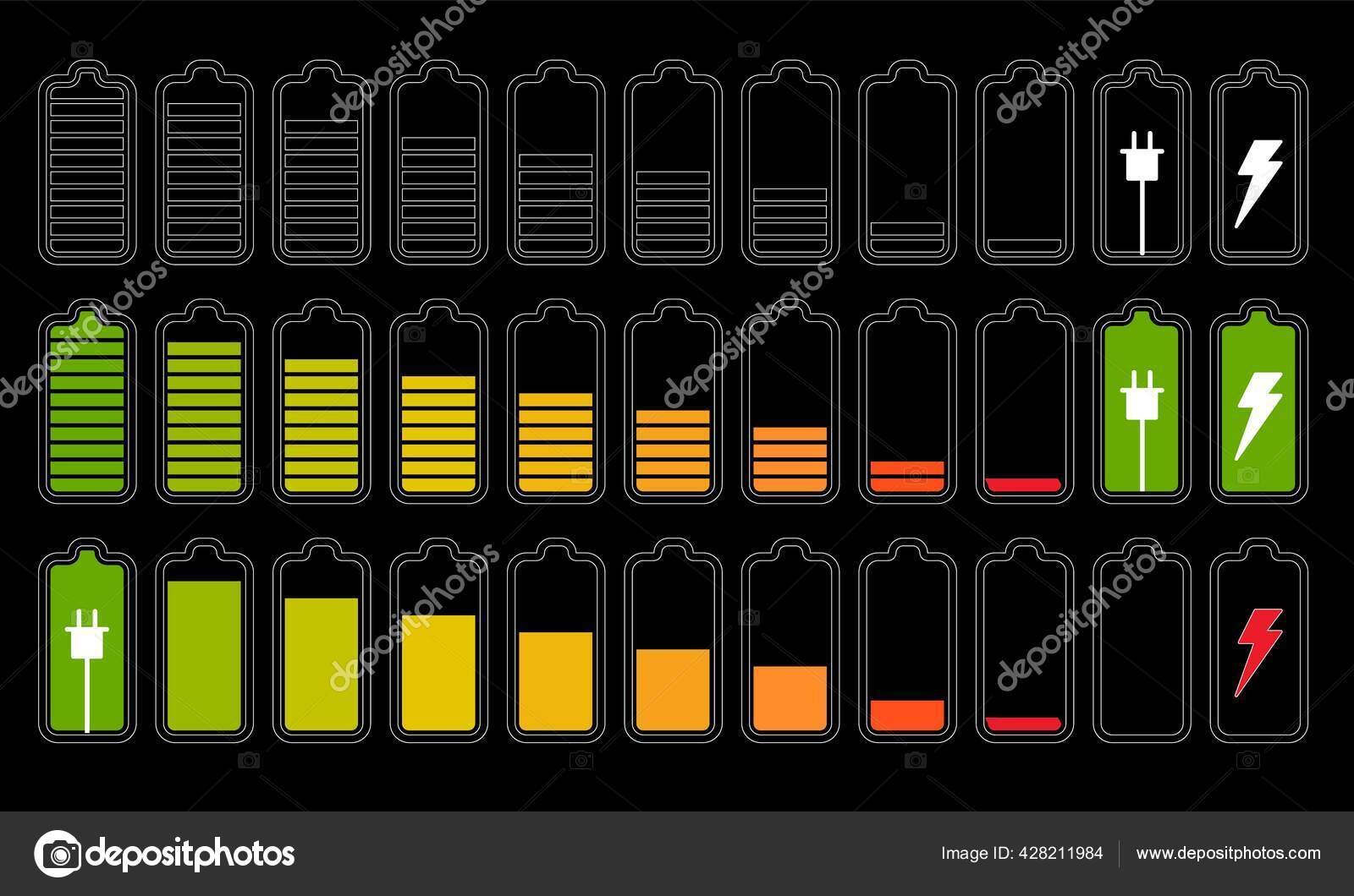 Battery charge level icon set on dark background Stock Vector by ...