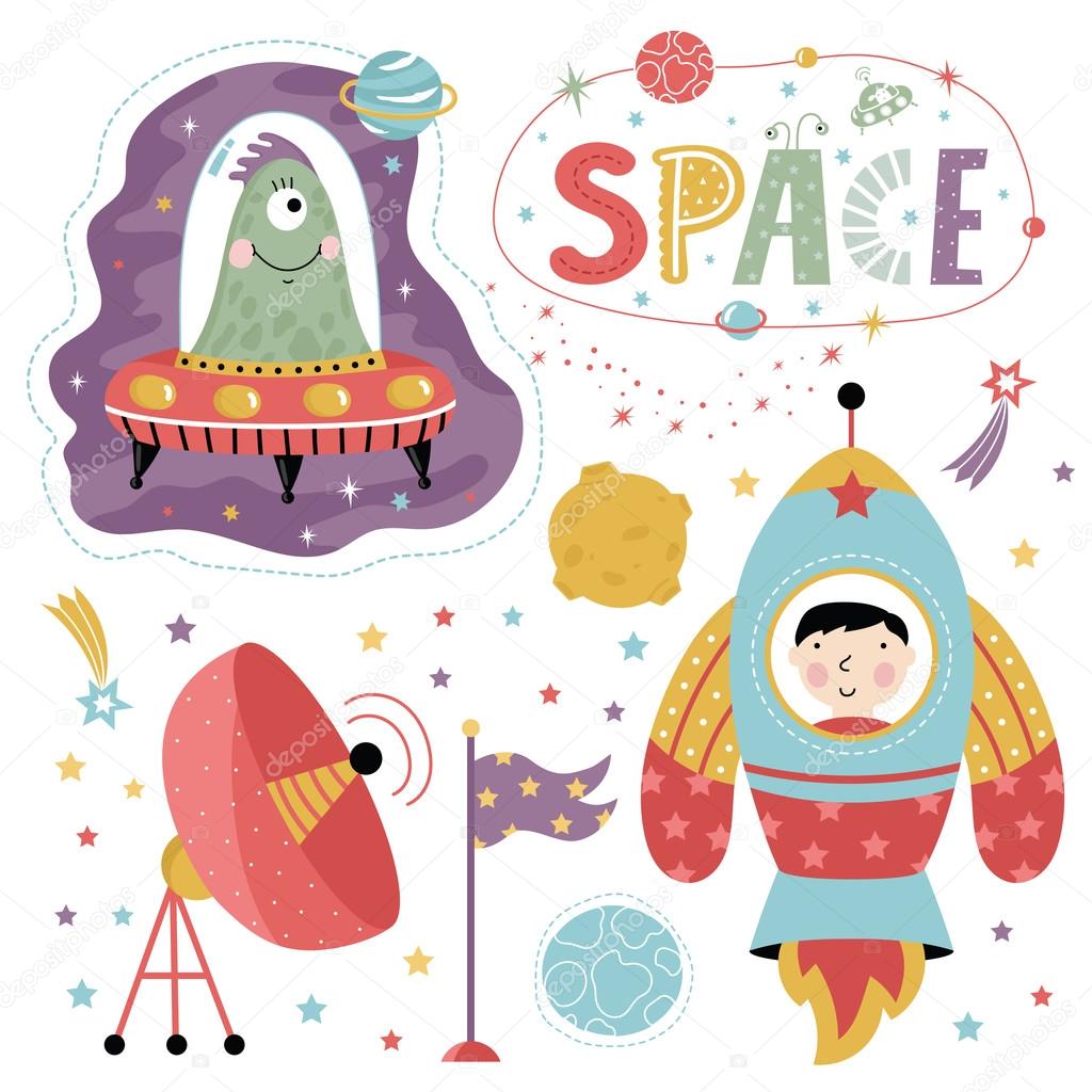 Cartoon illustration about space. Stock Vector Image by ...