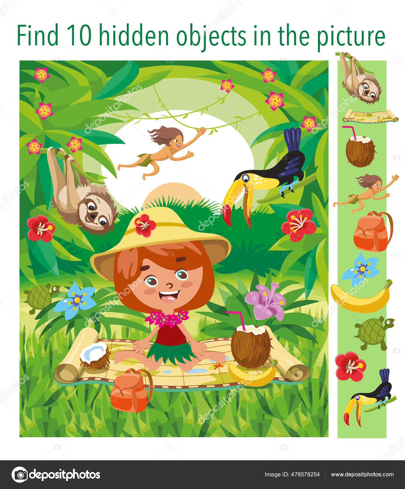 Find 10 hidden objects in picture. Girl travels through the jungle ...