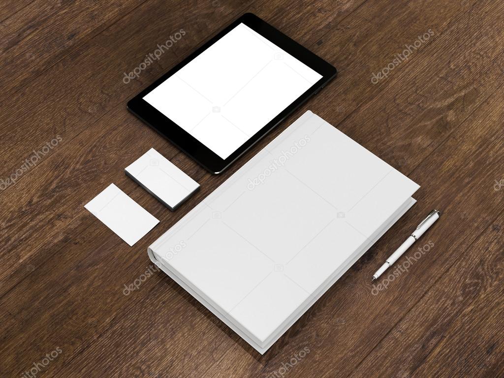 Book, tablet, business cards — Stock Photo © vasssaa #77801624