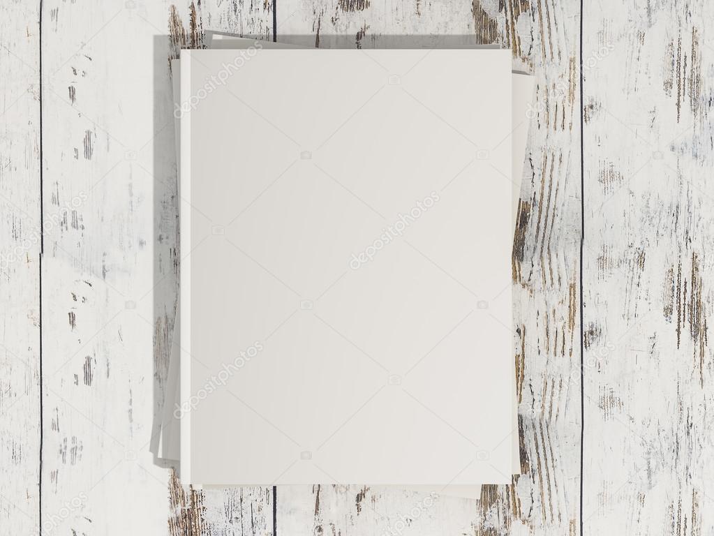 Magazine cover with blank white page mockup on vintage wooden substrate ...