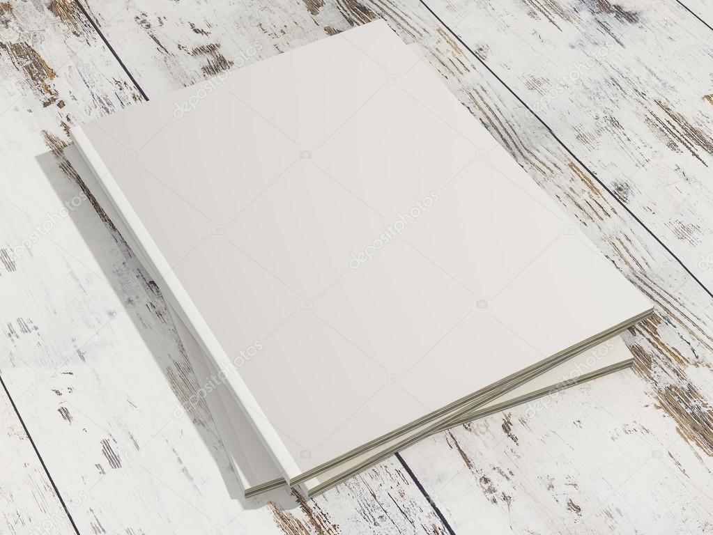 Stack of magazines cover with blank white page mockup on vintage wooden ...