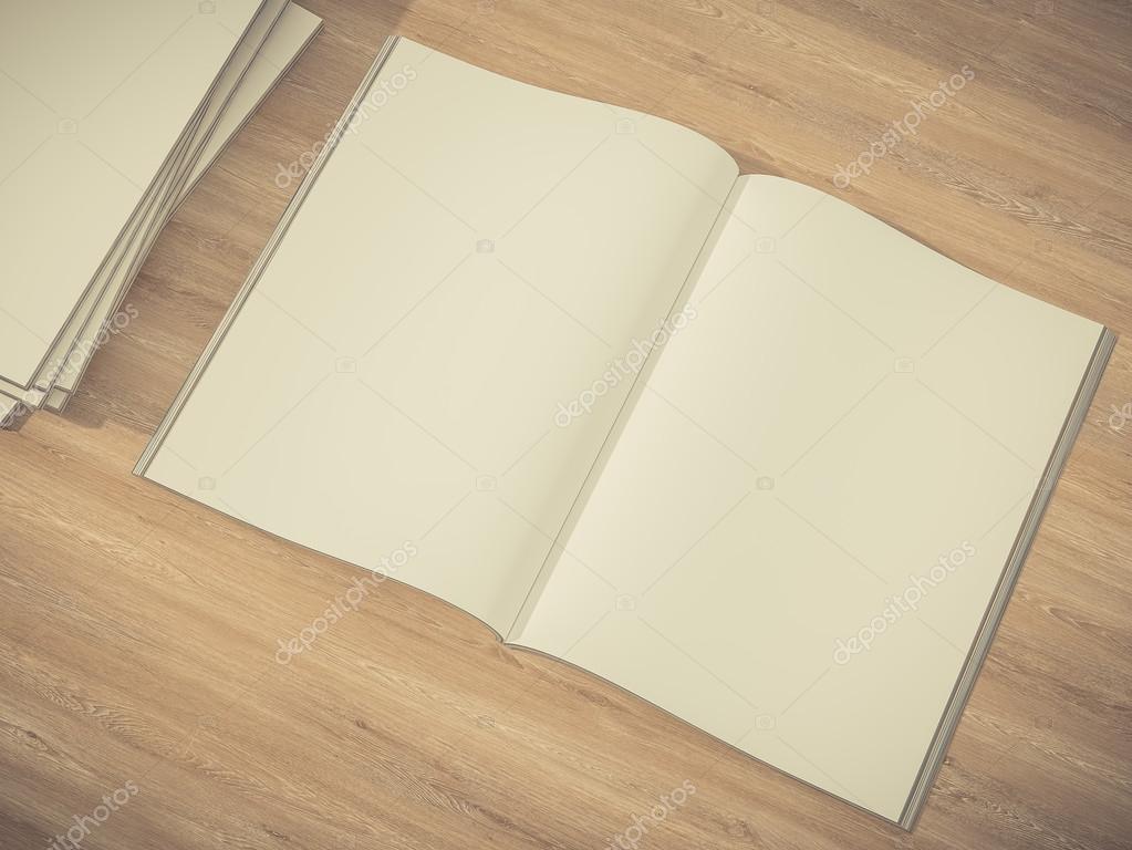 Open magazine cover with blank white page mockup on vintage wooden ...