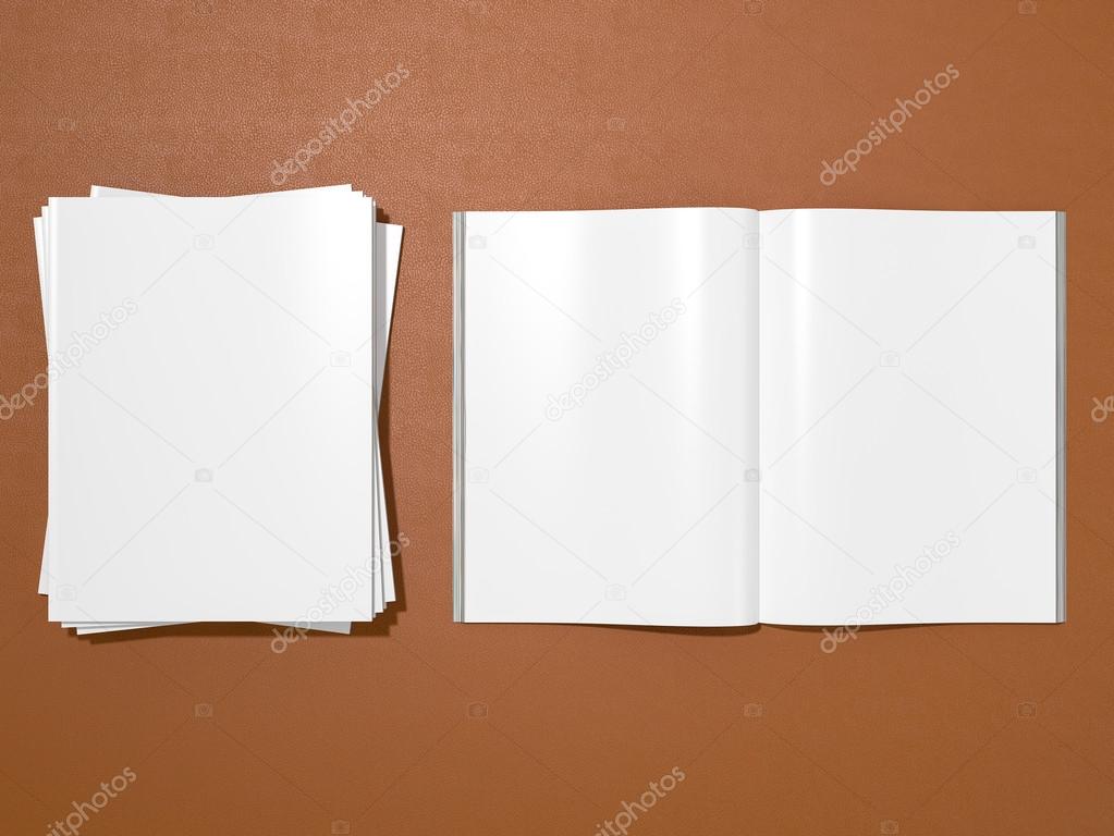 Open magazine cover with blank white page mockup on leather substrate ...