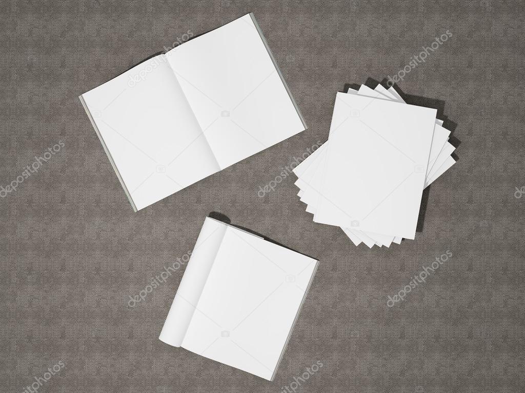 Open magazine cover with blank white page mockup on fabric background ...