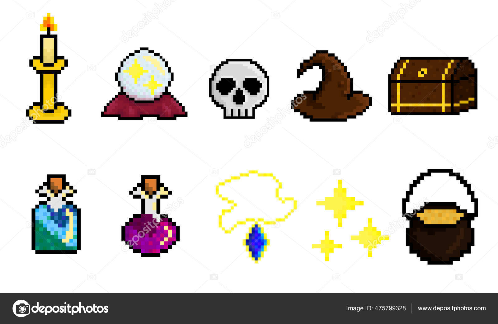Pixel Art Vector Illustration Witchcraft Items Set Game Candle Magic ...