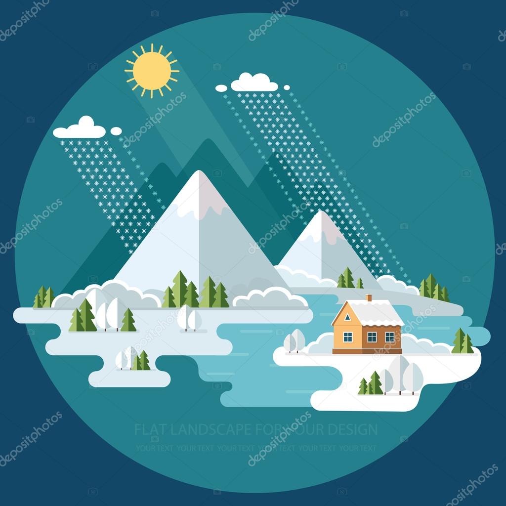 Winter landscape mountains snow-capped hills. flat vector illust ...