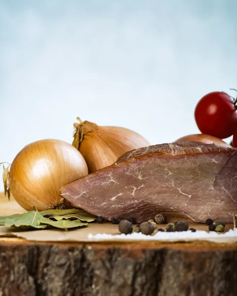 Natural prepared food. Smoked pork with herbs and spices. - Stock Image ...
