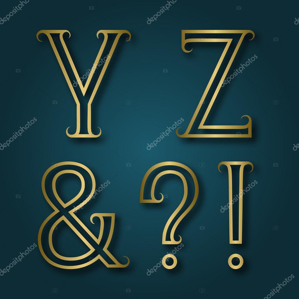 Y, Z shiny golden letters, ampersand, exclamation and question marks ...