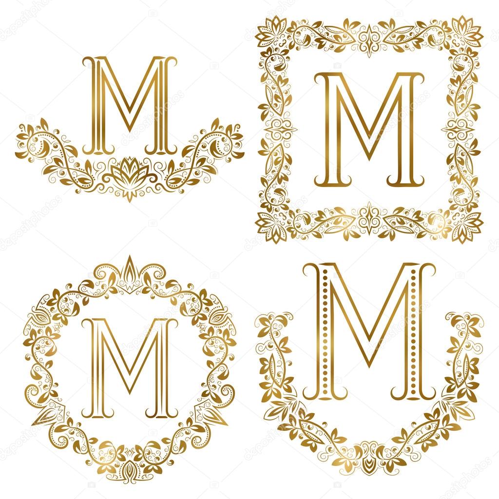 Conjunto de monogramas ornamentales de letra M dorada. 2023