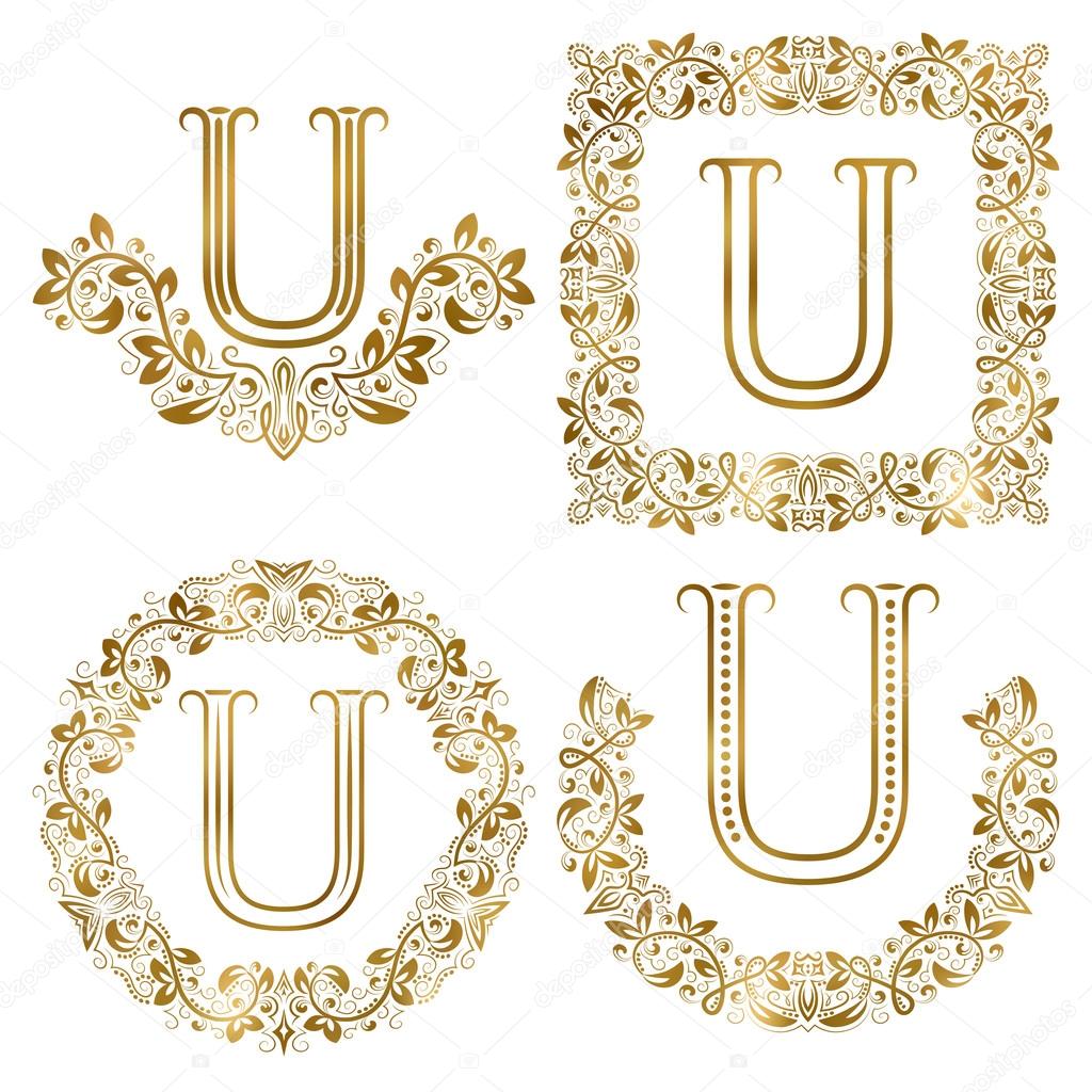 Conjunto de monogramas ornamentales de letra U dorada. 2023