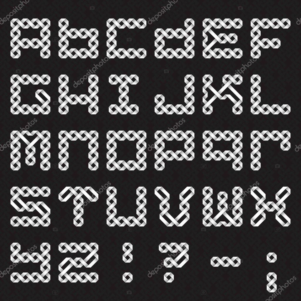 Fuente de cintas de papel entrelazadas. Alfabeto de letras blancas en ...