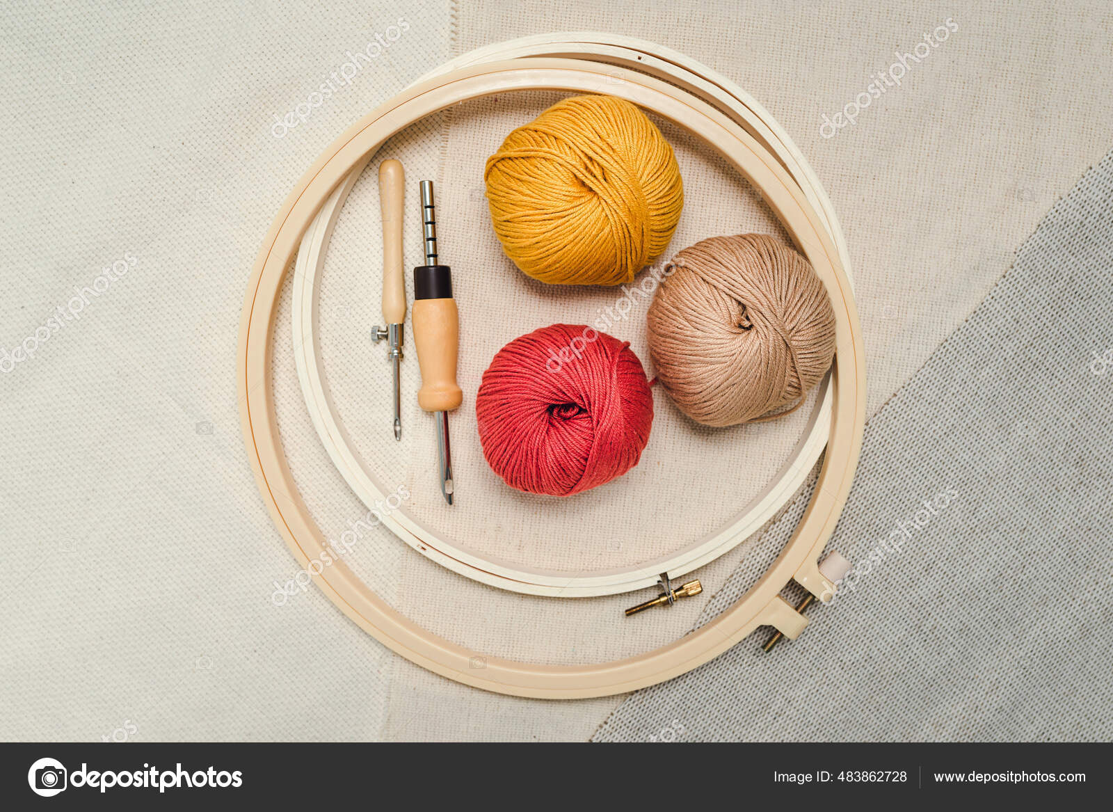 Layout Embroidery Hoops Punch Needles Balls Yarn Three Different Types ...