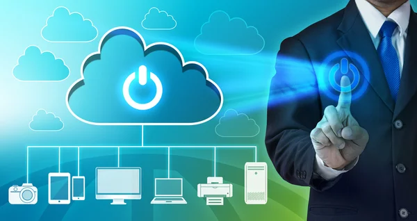 Hand press power button on touch screen - Stock Image - Everypixel