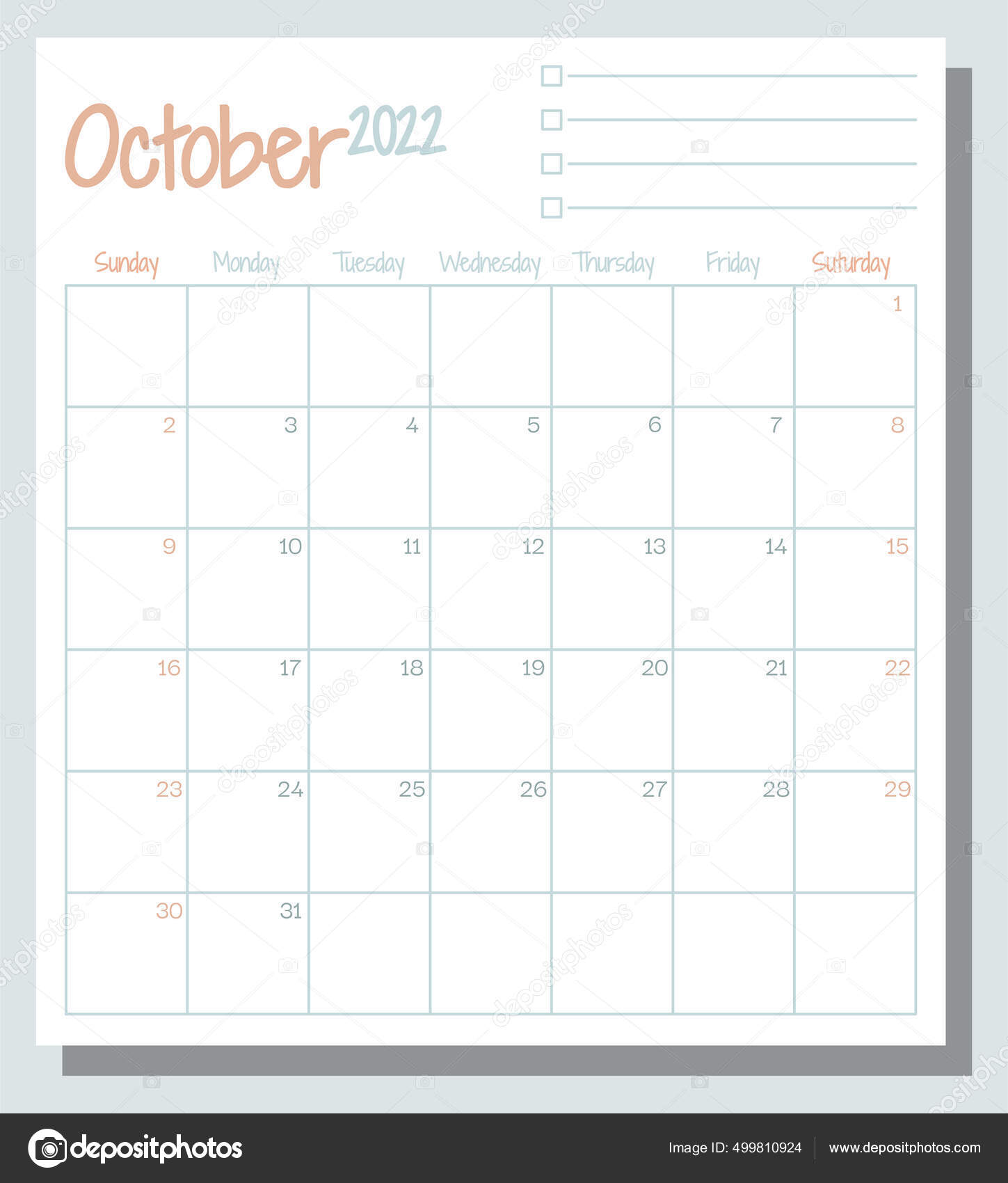 Outubro 2022 Calendário Mês Planejador Com List Semana Começa Domingo ...