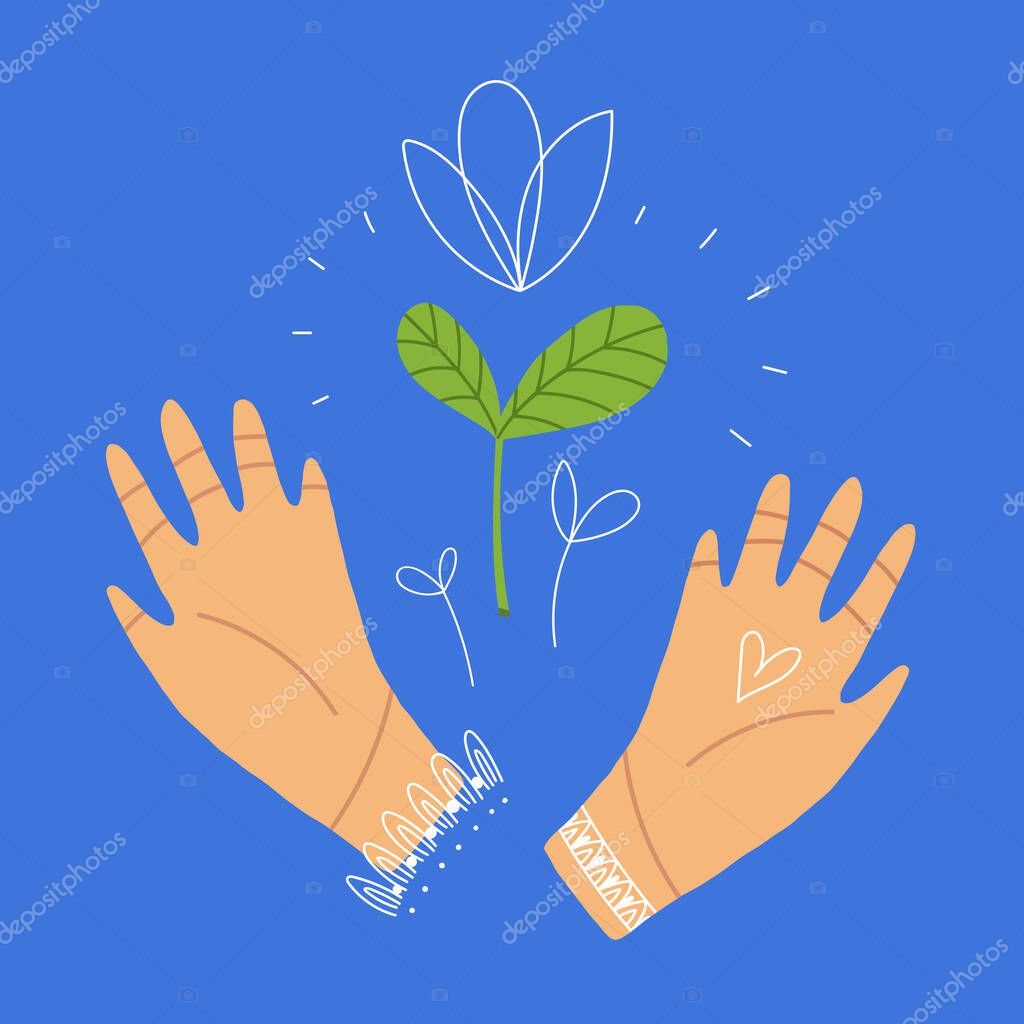 Próxima primavera. Dos manos encantadoras sostienen el brote verde. El ...