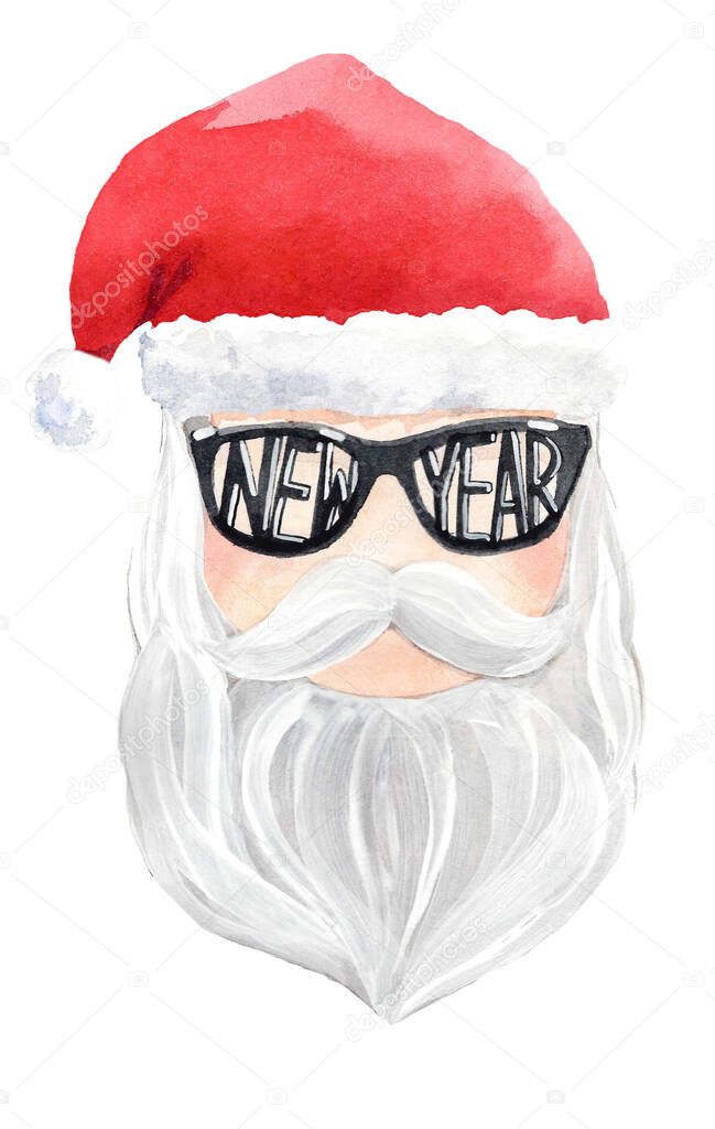 Retrato en acuarela de Santa Claus con gafas sobre fondo blanco. Ilustración dibujada a mano ...