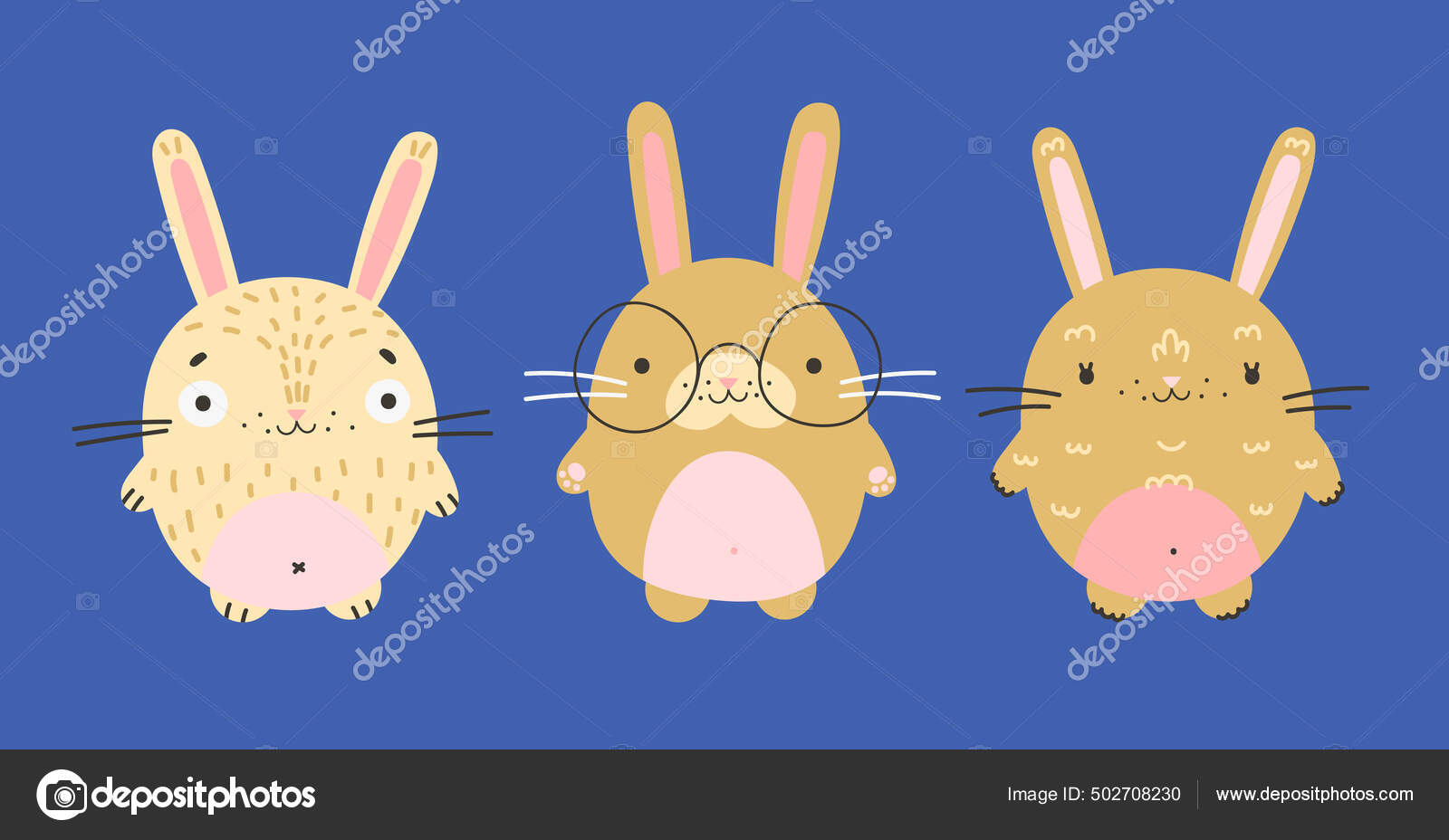 Little Rabbits Three Cute Cartoon Bunnies Isolated Blue Background ...