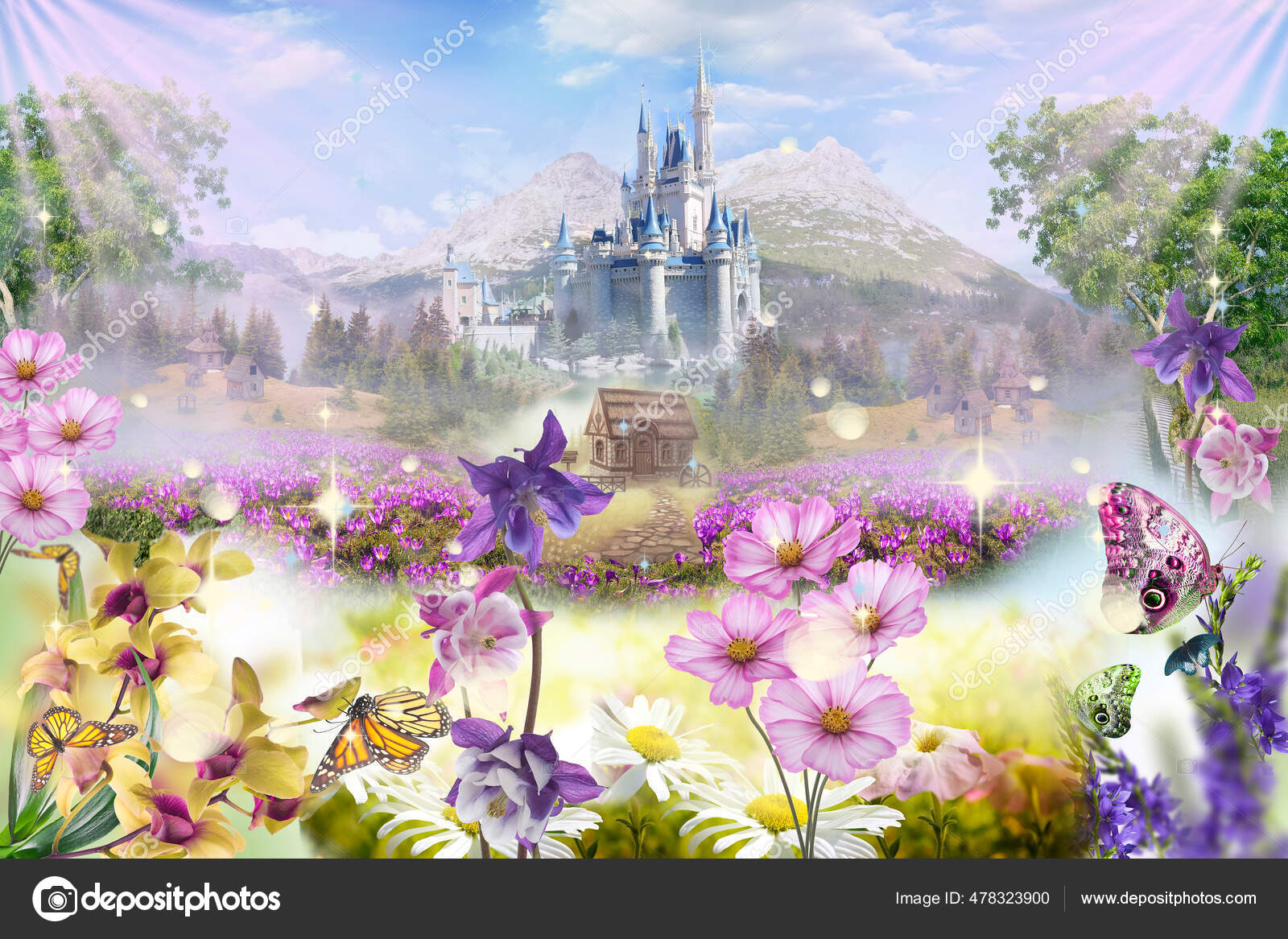 Spring Castle Flowers Butterfly Stock Illustration by ©Mural-Wallpaper ...