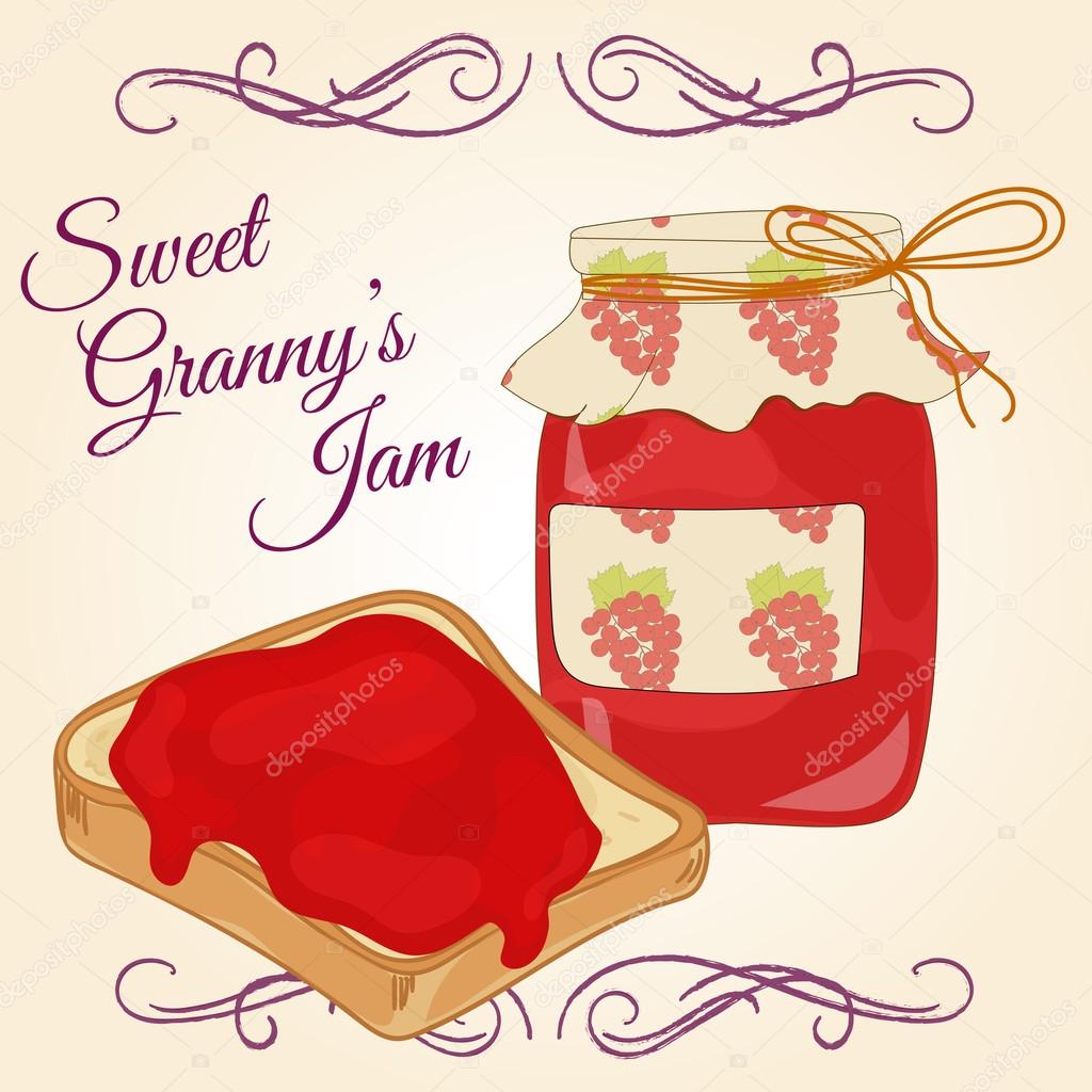 Hand drawn jam jar and jelly sandwich. Sweet Granny's jam. Hand drawn ...