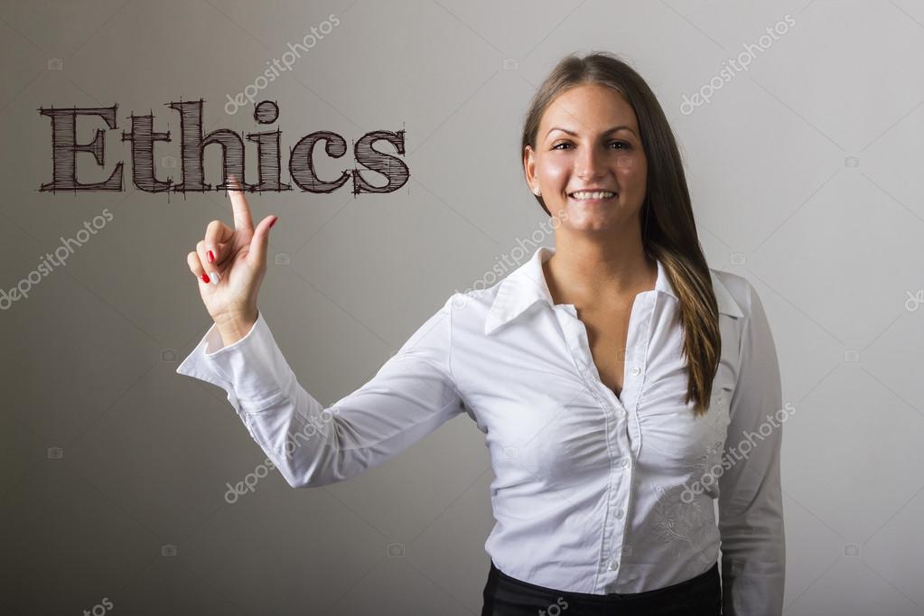 Ethics - Beautiful girl touching text on transparent surface — Stock ...