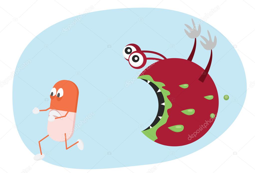 Pill running from bacteria. Antibiotic resistance cartoon illustration ...