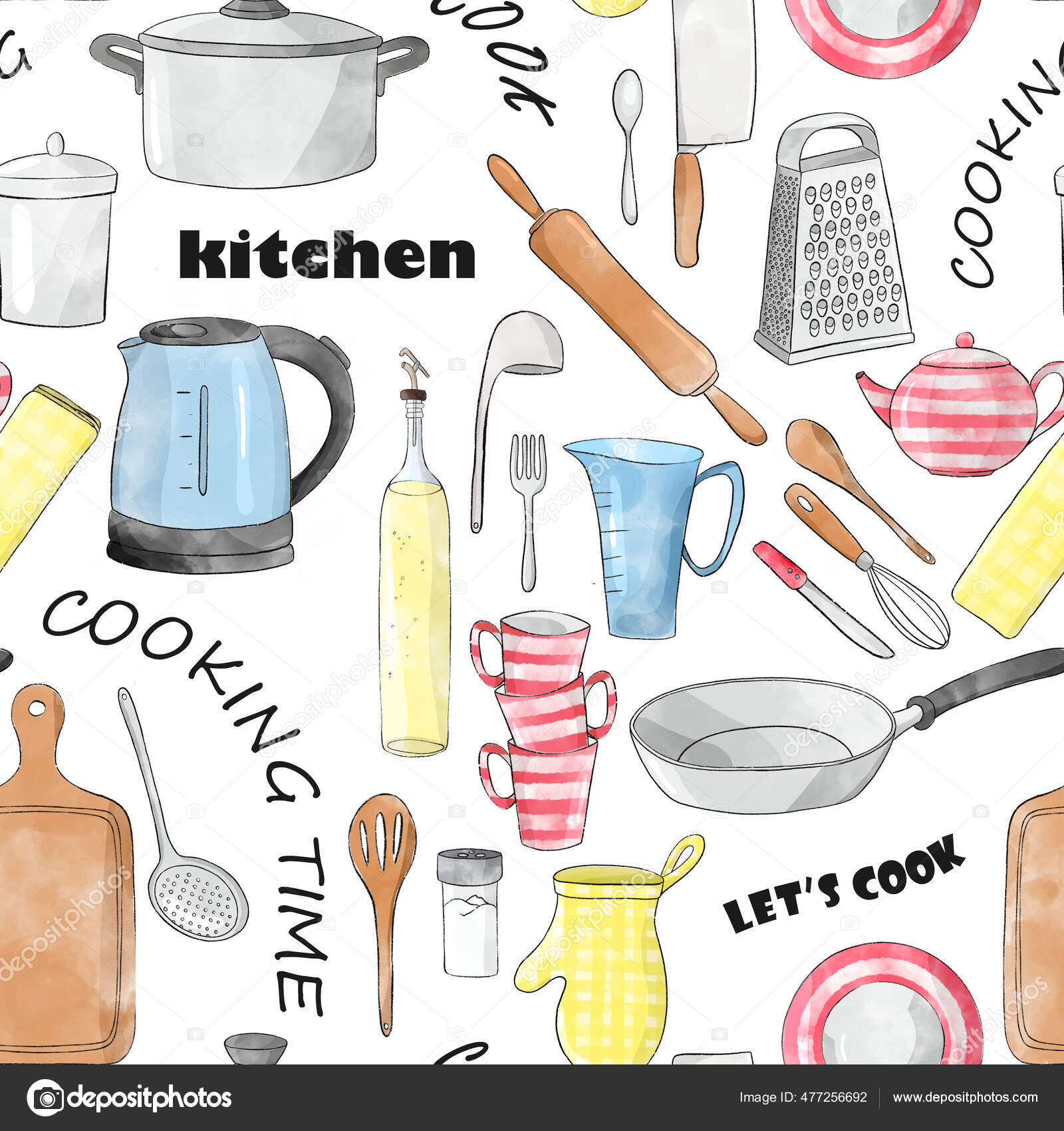 Sketch Pattern Cartoon Kitchenware Black Inscriptions Cook Kitchen Let ...