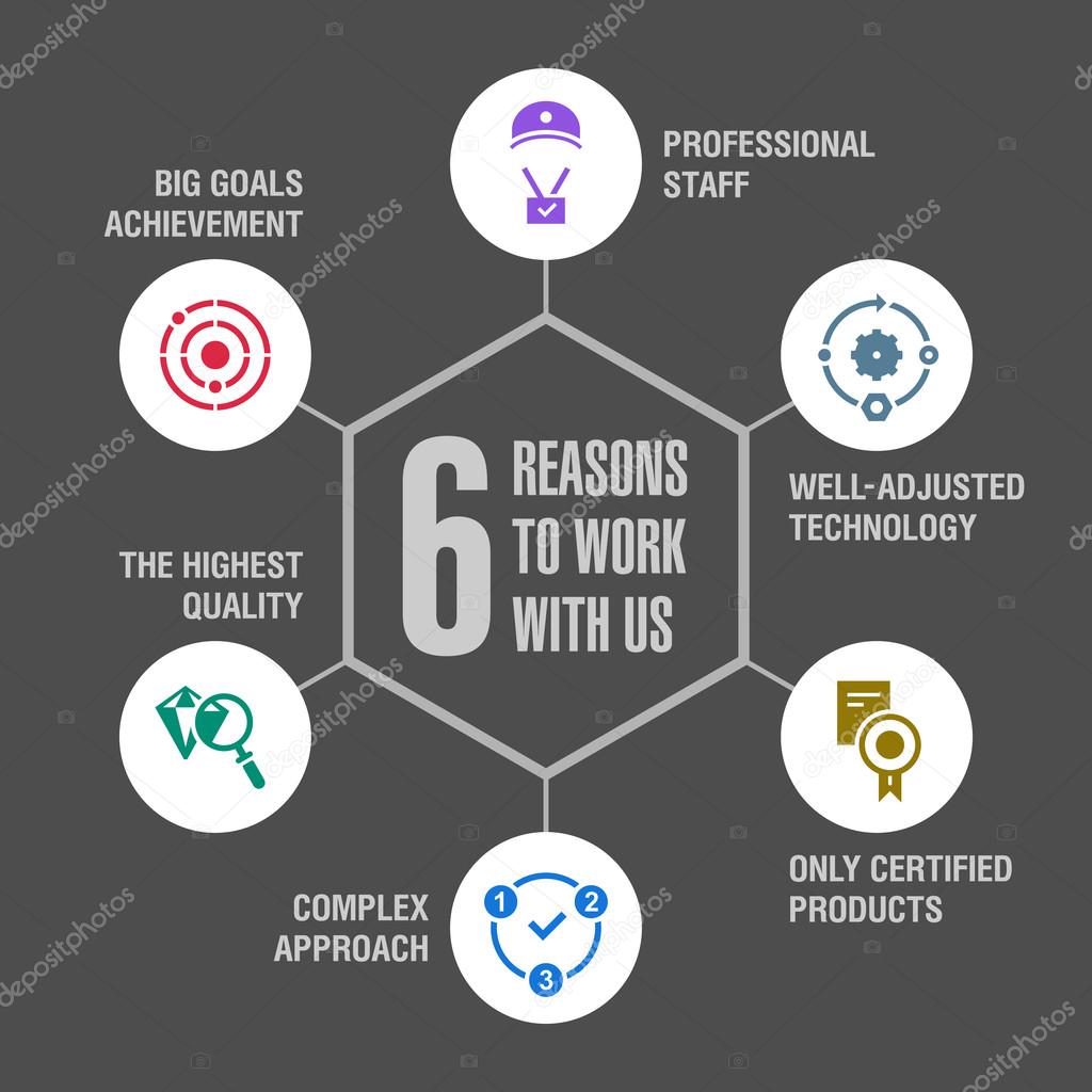 6 reasons to work with us. Infographics. Colored 3. — Stock Vector ...