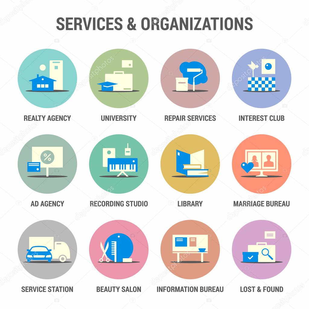Icons set of services and organizations. Flat. Colorized. Stock Vector ...